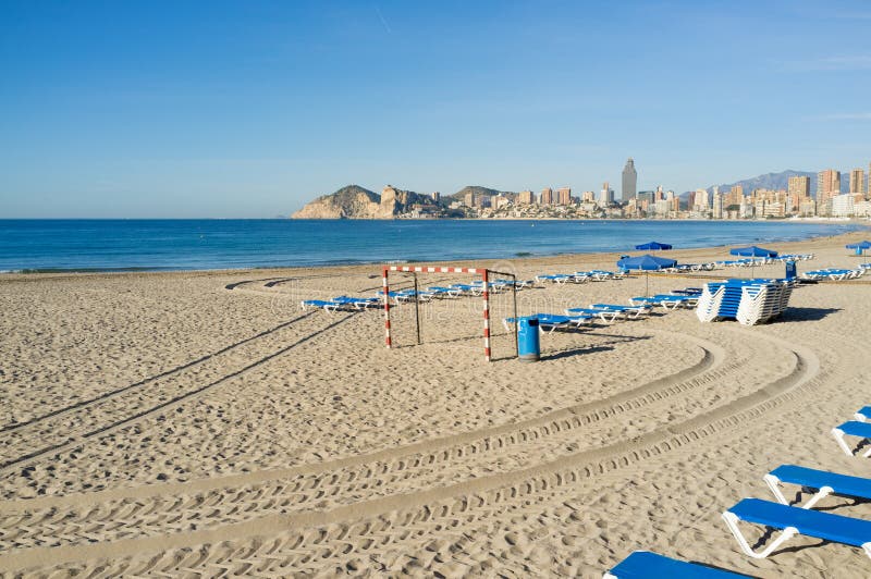 Benidorm beach stock photo. Image of europe, deckchairs - 38398688