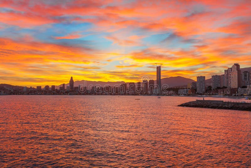 Benidorm City Orangy Red Twilight Scenery Stock Photo - Image of beach ...