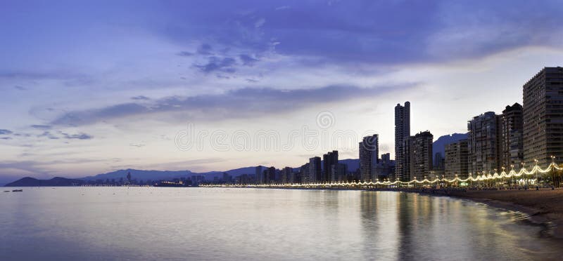Benidorm Panorama at Sunset Stock Image - Image of apartment, blue ...