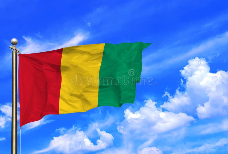 Guinea National Flag Waving Against Clear Blue Sky Stock Image - Image ...
