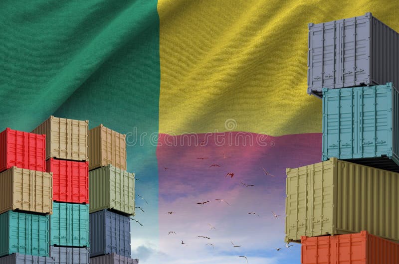 Benin Flag and Big Stack of Shipping Cargo Containers in Docks with Sky ...