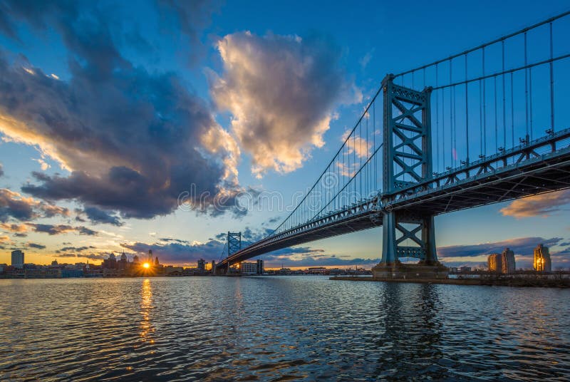 The Benjamin Franklin Bridge and and Delaware River at Sunset, Seen from Camden, New Jersey ...