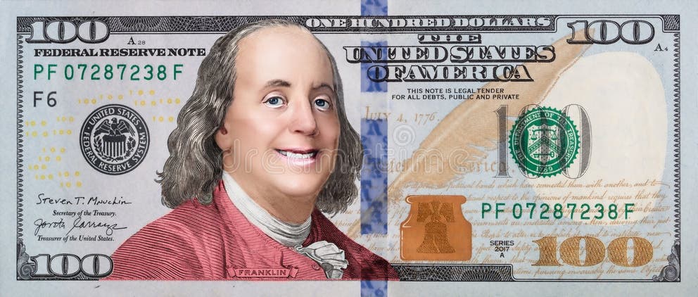 Benjamin Franklin Smiling on 100 Dollar Banknote Stock Image - Image of ...