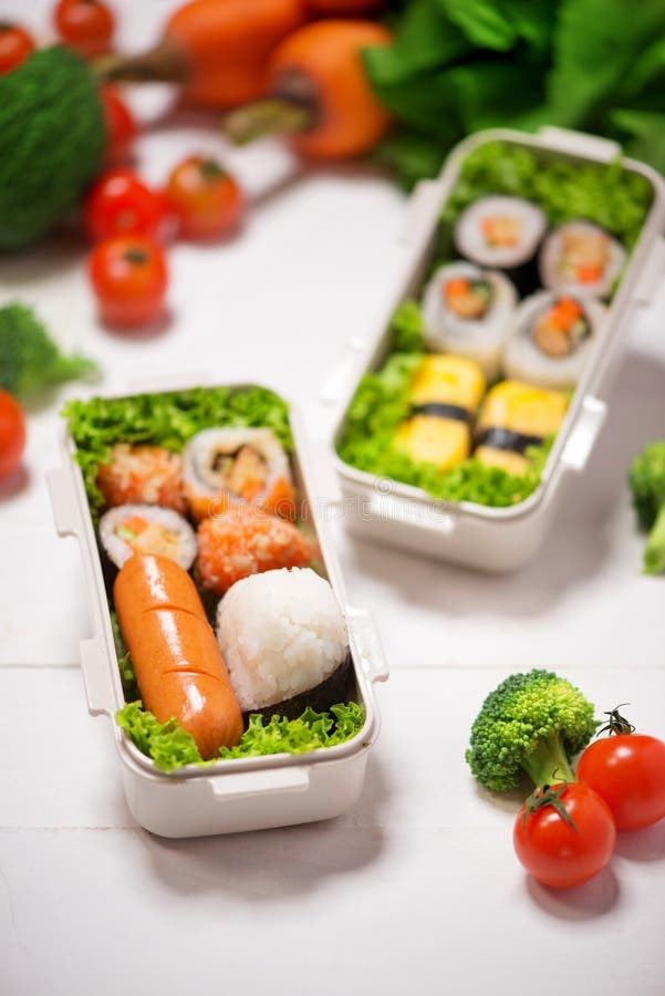 Bento Box with Different Food, Fresh Veggies and Fruits Stock Photo ...