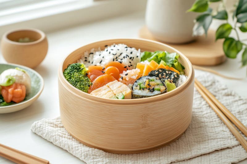 Bento Box with Fresh Sashimi, Rice, Salmon and Vegetables Stock Image ...