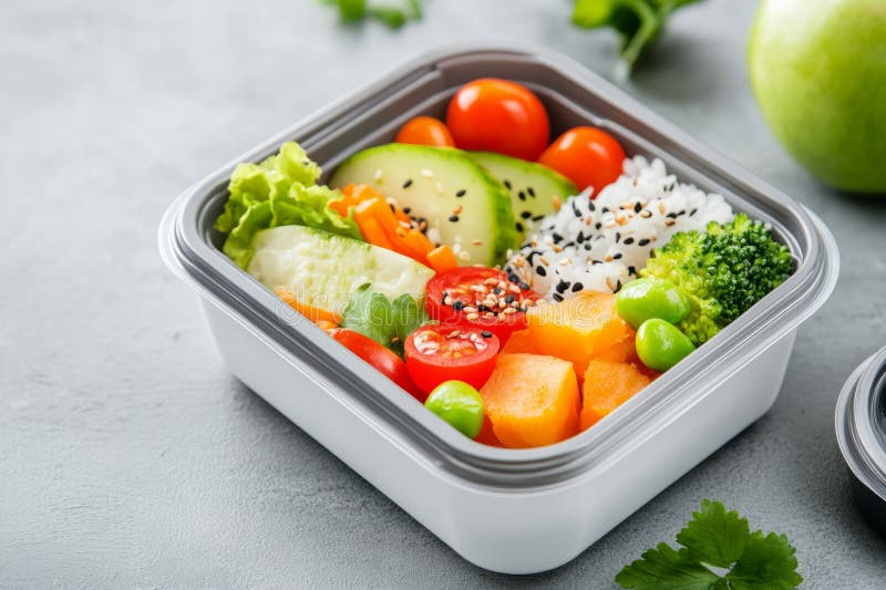 Bento Box with Fresh Sashimi, Rice, Salmon and Vegetables Stock Photo ...