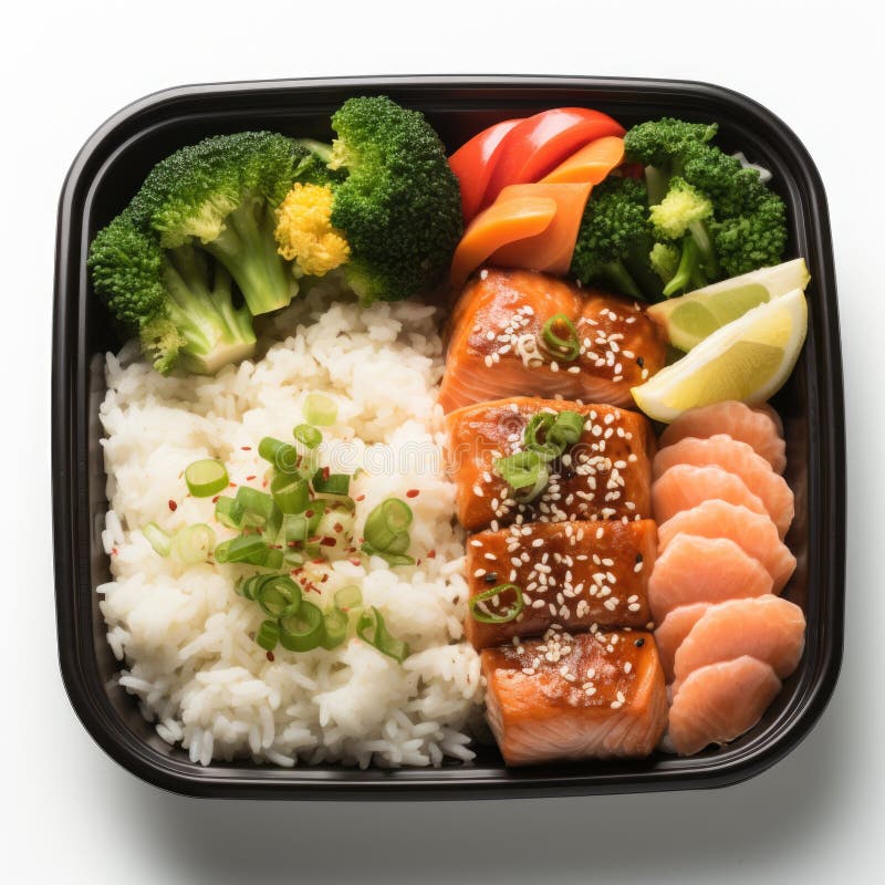 A Bento Box, Plastic Container Filled with Rice, Broccoli, and Salmon ...