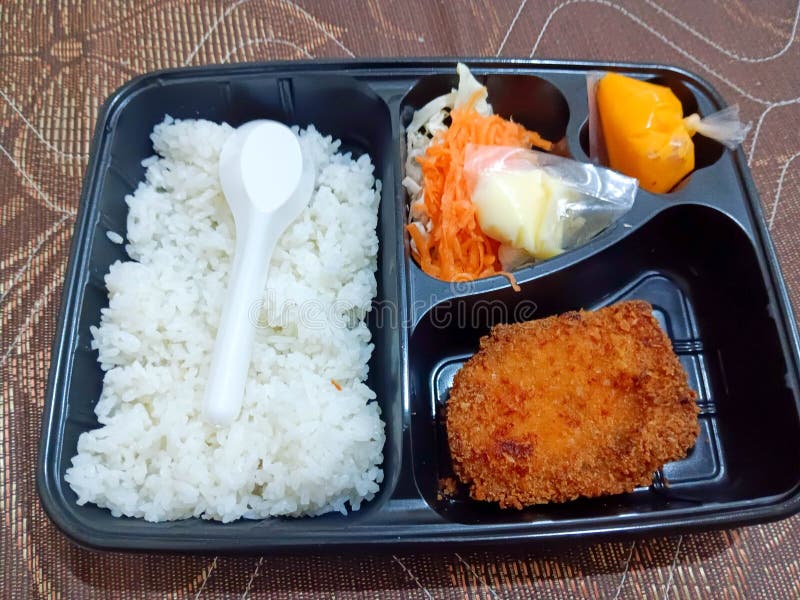 Bento Box Delight: Rice, Fried Cutlet, Salad, and Dressing on Textured ...