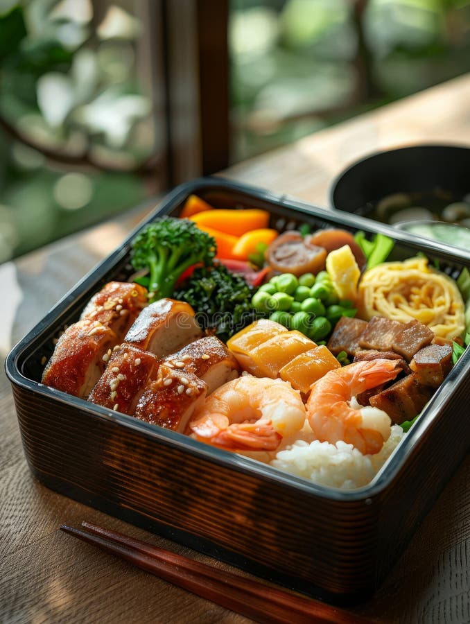 Bento Box with Shrimp, Chicken, Vegetables, and Rice on a Table. Stock ...