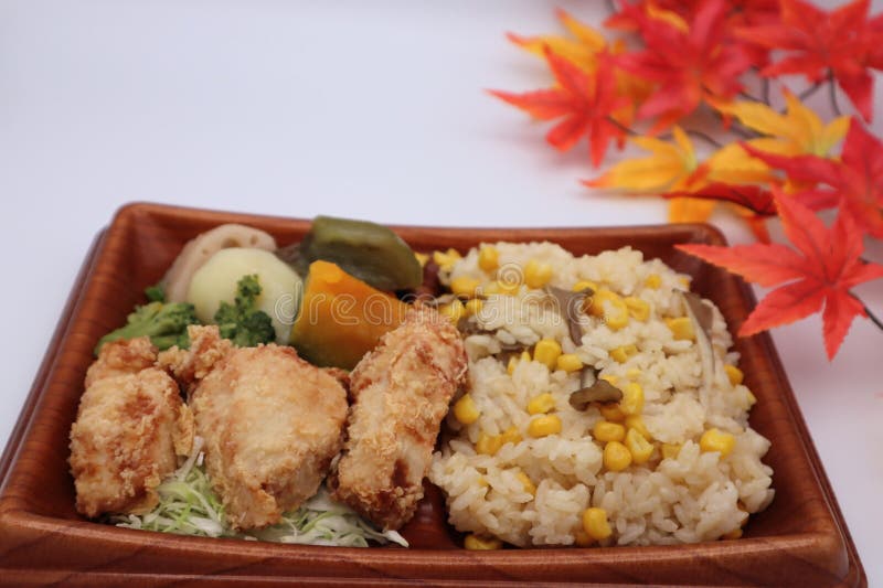 Bento of Fried Chicken and Cooked Rice Stock Image - Image of eating ...