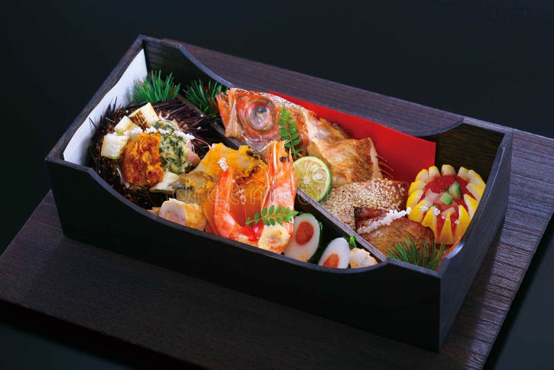 Bento of Seafood in Japanese Style with Shrimp Fish Lemon Egg an Stock ...