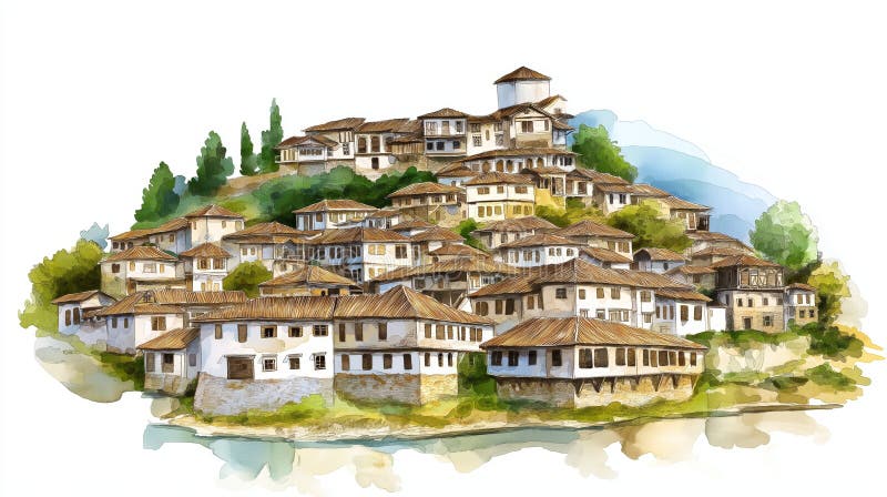 Berat Old Town. Berat Old Town Hand Drawn Watercolor Illustration Stock ...