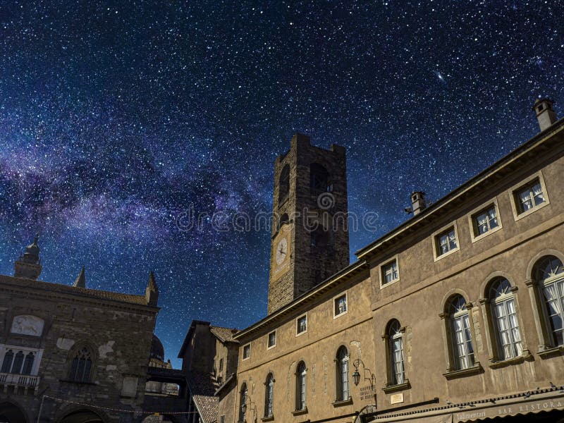 Bergamo Piazza Maggiore Place View at Starry Night Stock Image - Image ...