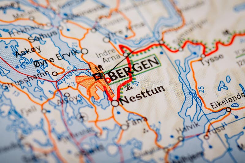 Bergen City on a Road Map stock image. Image of textured - 86361285