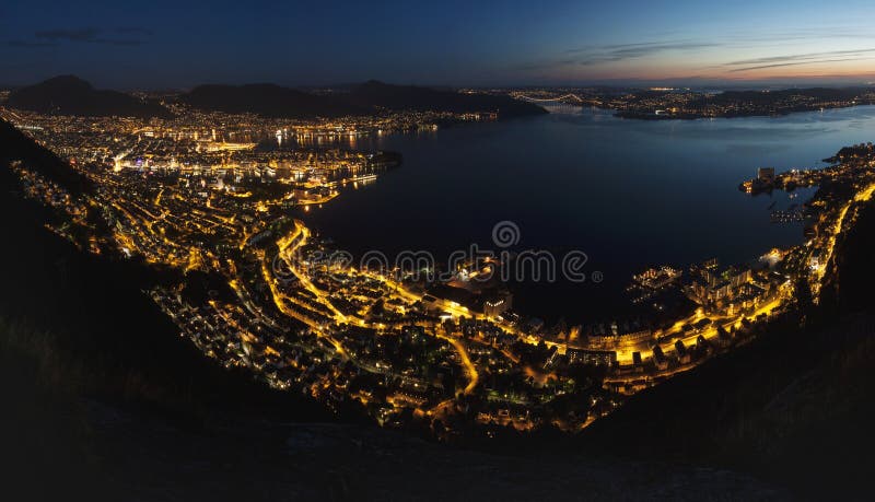 Panorama of Bergen Norway stock image. Image of illuminated - 55996977