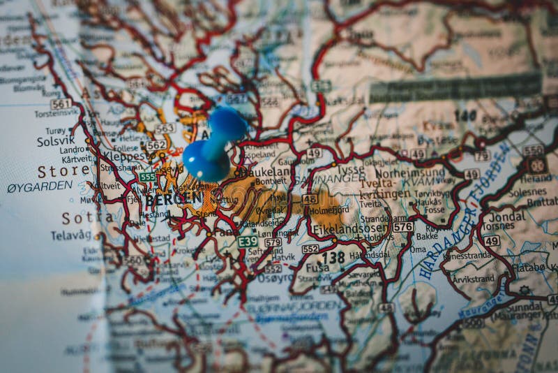 Bergen, Norway, Blue Pinhead on Map Stock Image - Image of icons ...