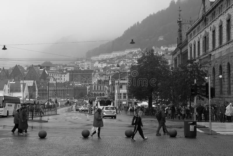 Bergen, Norway on a Rainy and Misty Day Editorial Stock Photo - Image ...