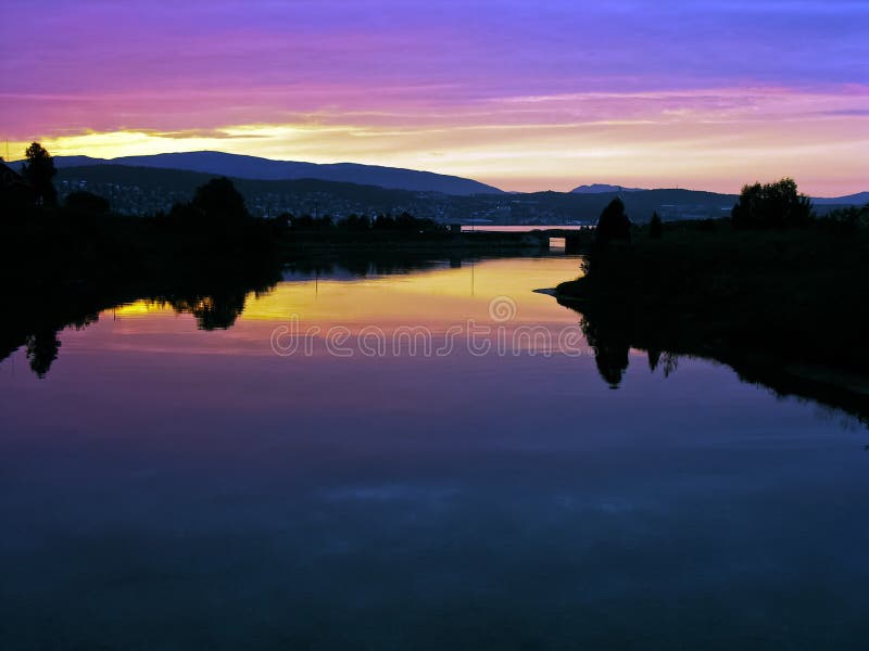 Bergen river in sunset stock image. Image of orange, season - 19671353