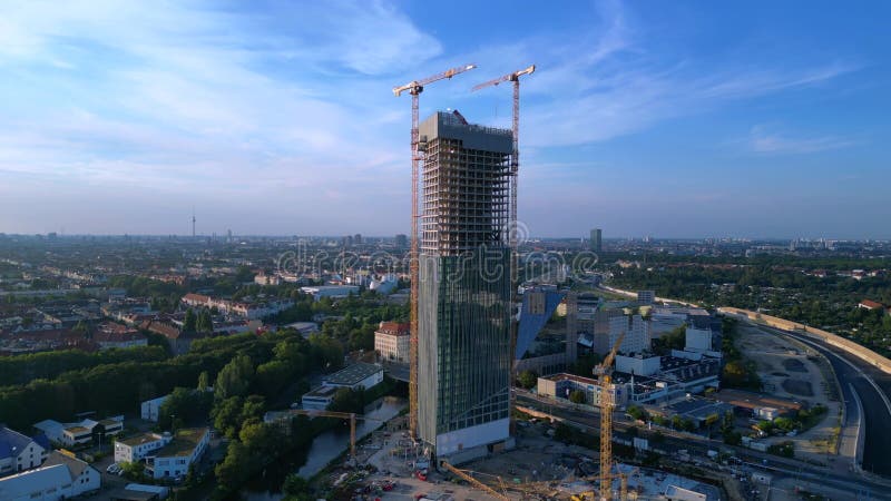 Berlin Estrel Tower Under Construction. Fabulous Aerial View Flight ...