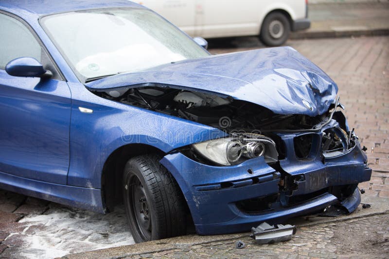 Crashed blue BMW car editorial stock photo. Image of damage - 113079383