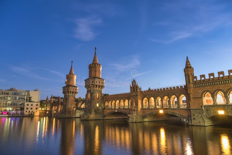 Berlin Germany, Sunset City Skyline at Oberbaum Bridge Spree River ...