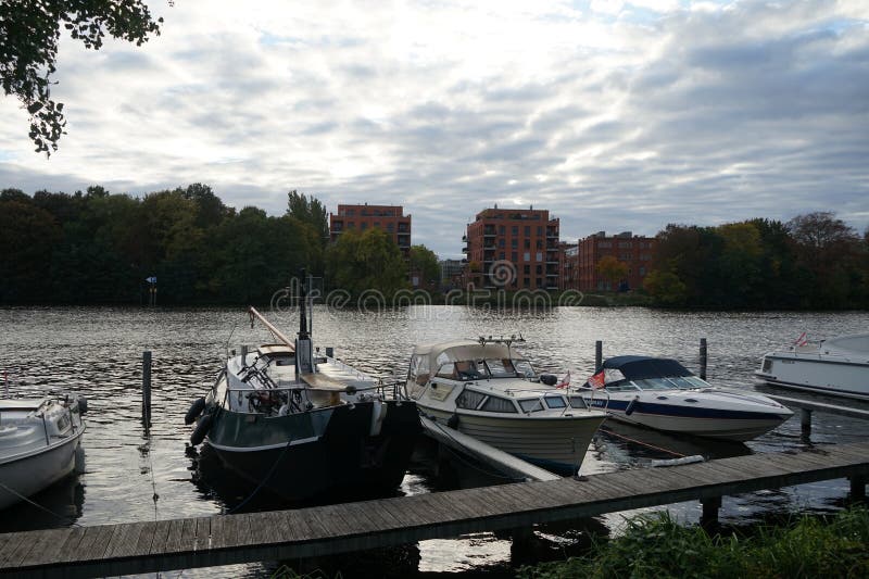 Boats Parked at the Spree River Dock in October. Berlin, Germany ...