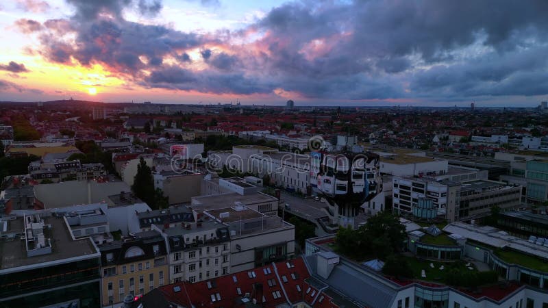 Berlin Sun Setting Skyline with Dramatic Clouds. Smooth Aerial View ...