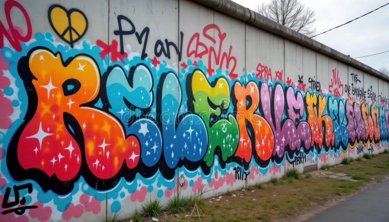 Berlin Wall Covered in Vibrant Graffiti Art. Colorful Peace Signs ...