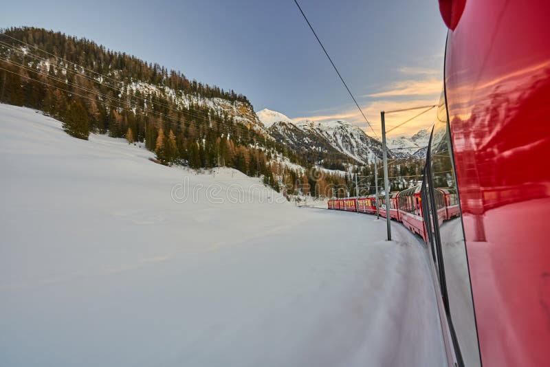 The Bernina Express Red Train through the Alps Stock Image - Image of ...