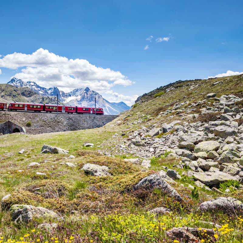Bernina red train CH stock photo. Image of passengers - 176480800