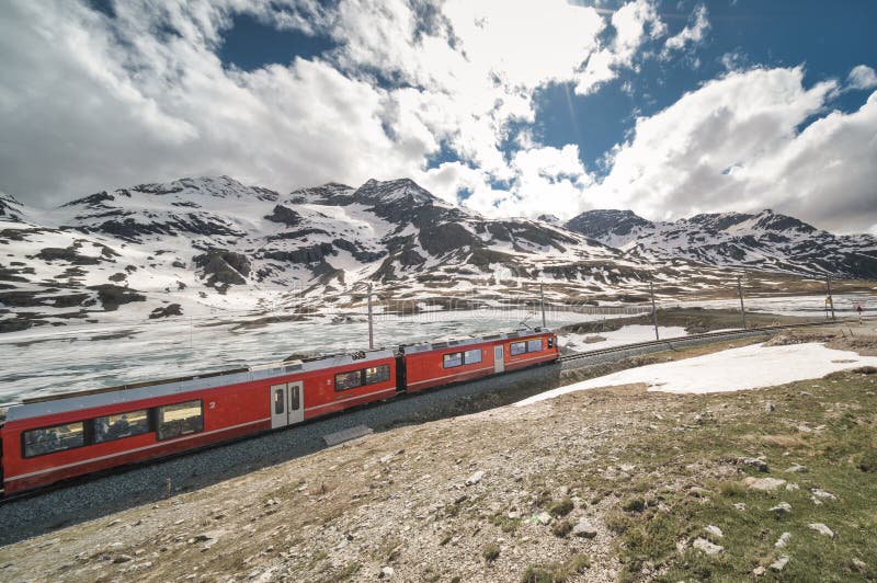 Bernina Red Train at the Spring Thaw Stock Photo - Image of scenic ...