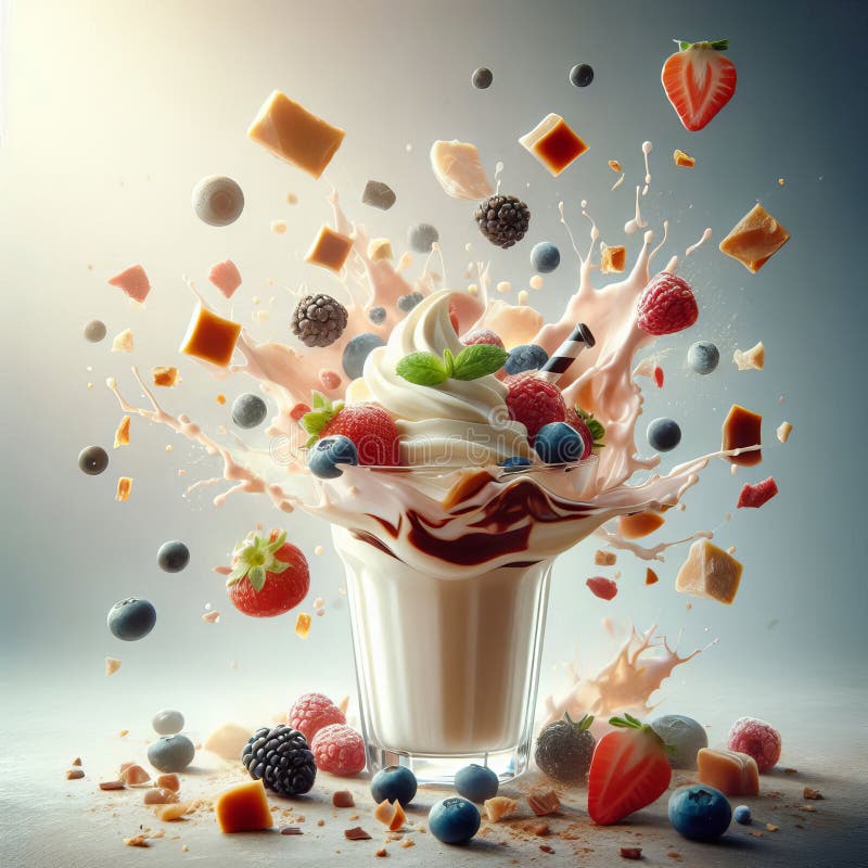 Berries and Caramel Explosion Around a Creamy Sundae Stock Photo ...
