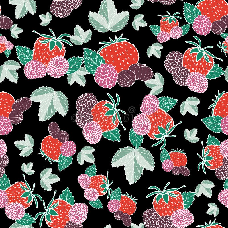 Berries and Leaves on Black Seamless Vector Pattern Background Stock ...
