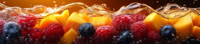 Berries and Mango in Sparkling Water with Refreshing Bubbles Stock ...