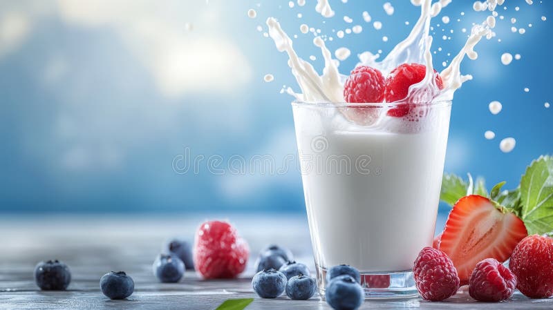 Berries Splashing in Milk with Blue Background Stock Illustration ...