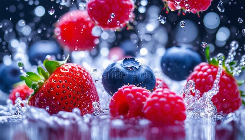 Berries in a Water Splash. a Bunch of Strawberries, Raspberries ...
