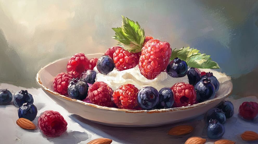 Berries with Yogurt, Almonds, Light Morning. Stock Image - Image of ...