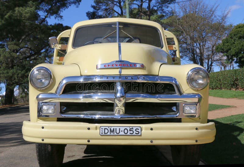 Berrima, NSW, Australia - 30 Aug 2022 - Front View of a Vintage Yellow ... Berrima, NSW, Australia - 30 Aug 2022 - Front View of a Vintage Yellow ...