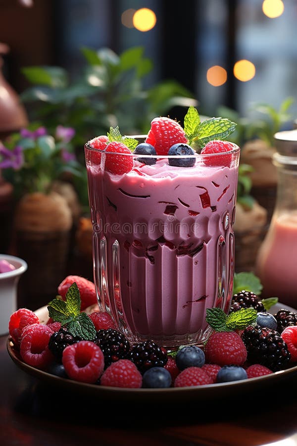 Berry Burst Smoothie on Table with Kitchen Background, Photo Realistic ...
