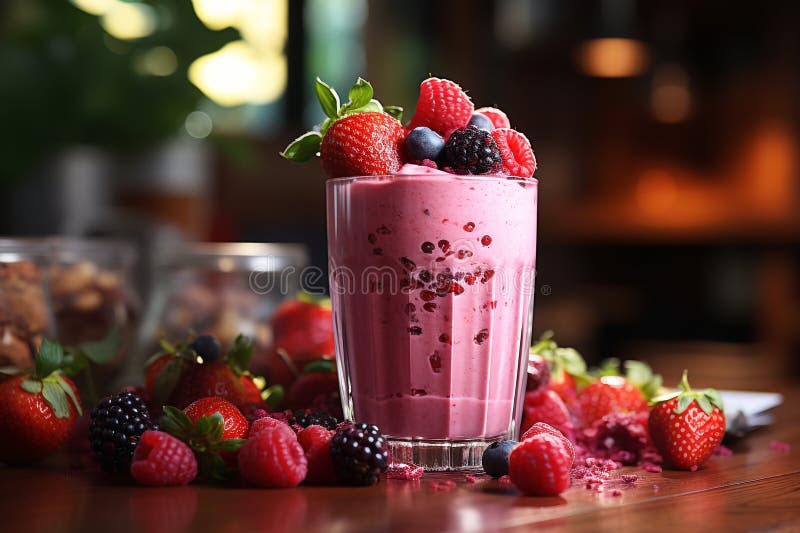 Berry Burst Smoothie on Table with Kitchen Background, Photo Realistic ...