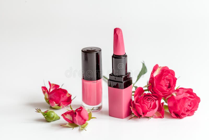 Berry Color Decorative Cosmetics with Roses White Background Close Up ...