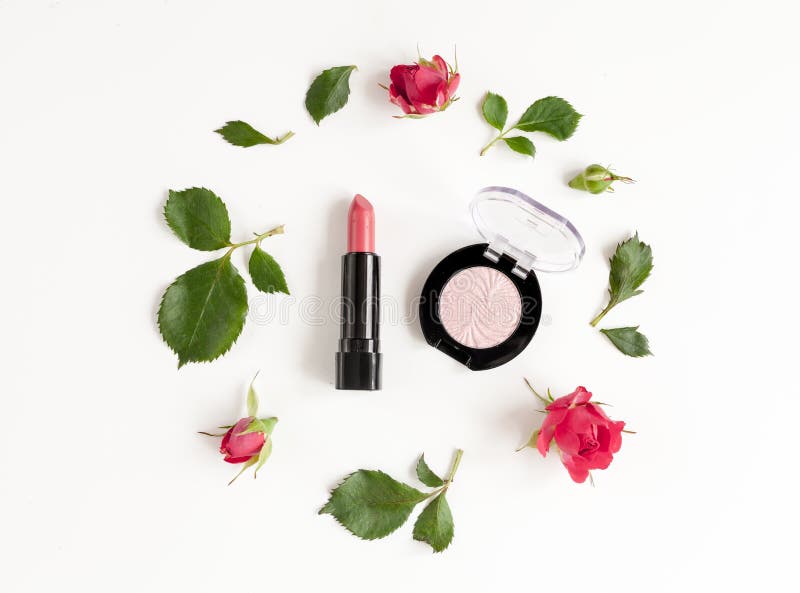 Berry Color Decorative Cosmetics with Roses White Background Top View ...