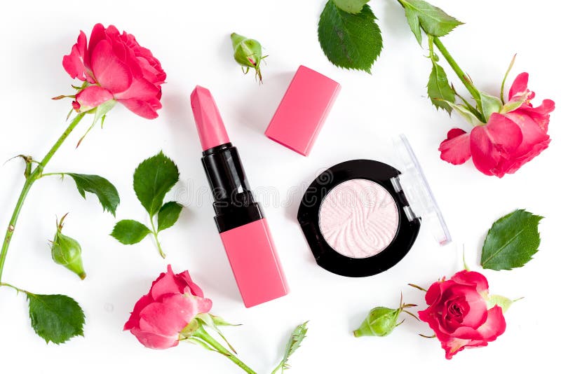 Berry Color Decorative Cosmetics with Roses White Background Top View ...