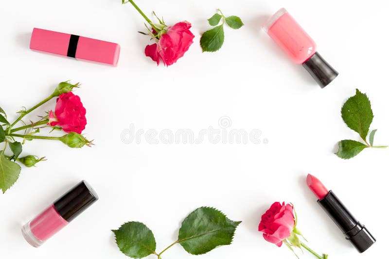 Berry Color Decorative Cosmetics with Roses White Background Top View ...