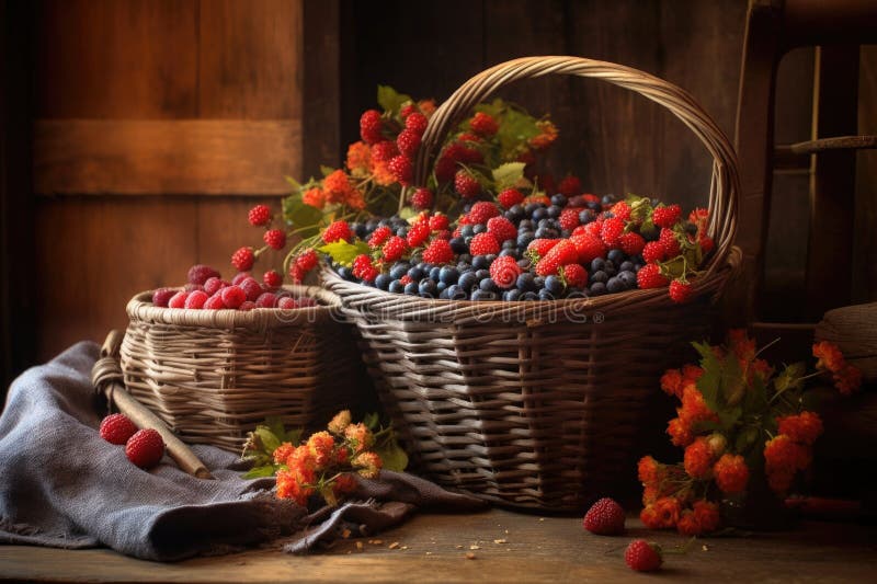Berry-filled Basket on Rustic Wooden Table Stock Illustration ...
