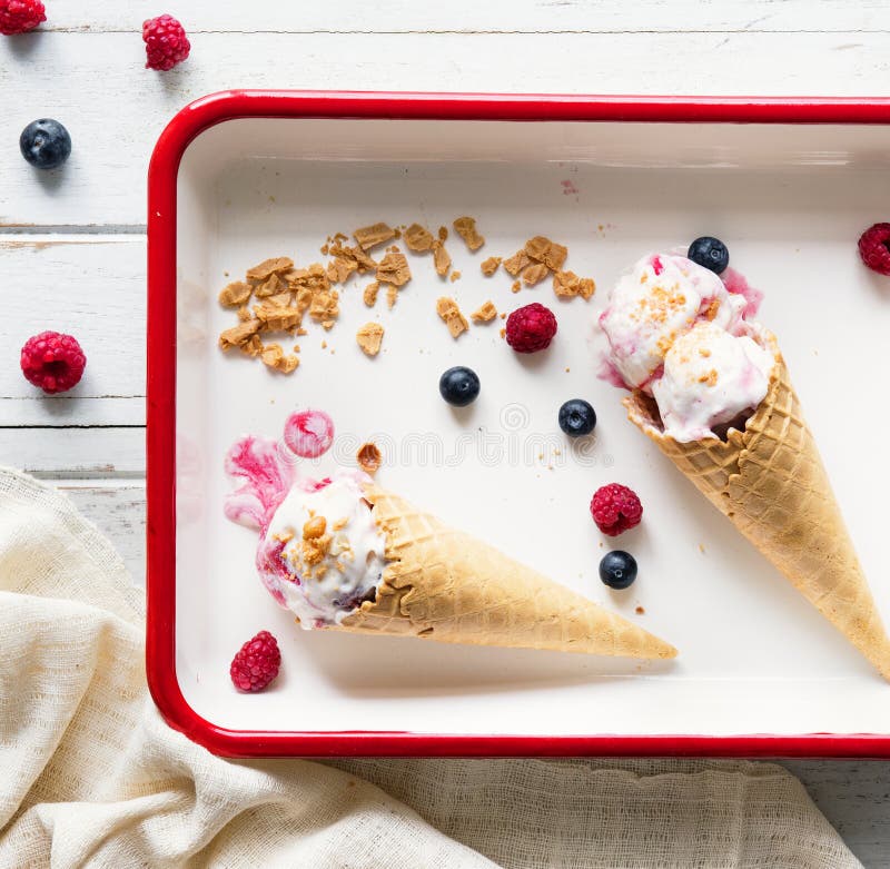 Berry Ice Cream in Waffle Cones Stock Image - Image of cloth, fruit ...
