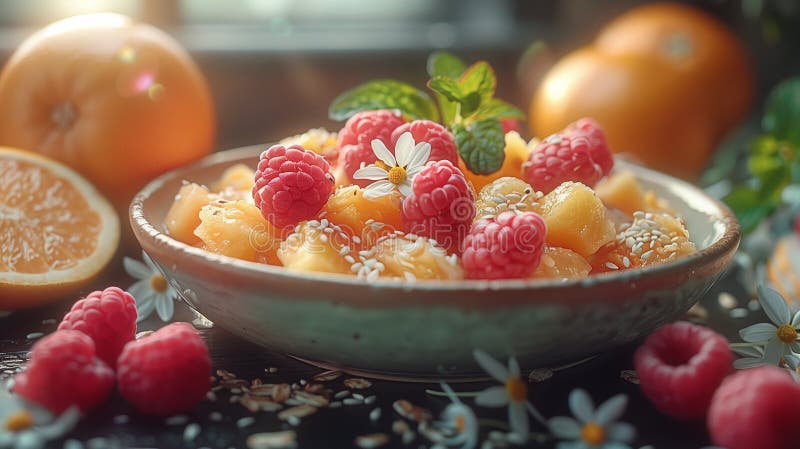 Berry Plate with Raspberries on the Background of the Table with Fruits ...