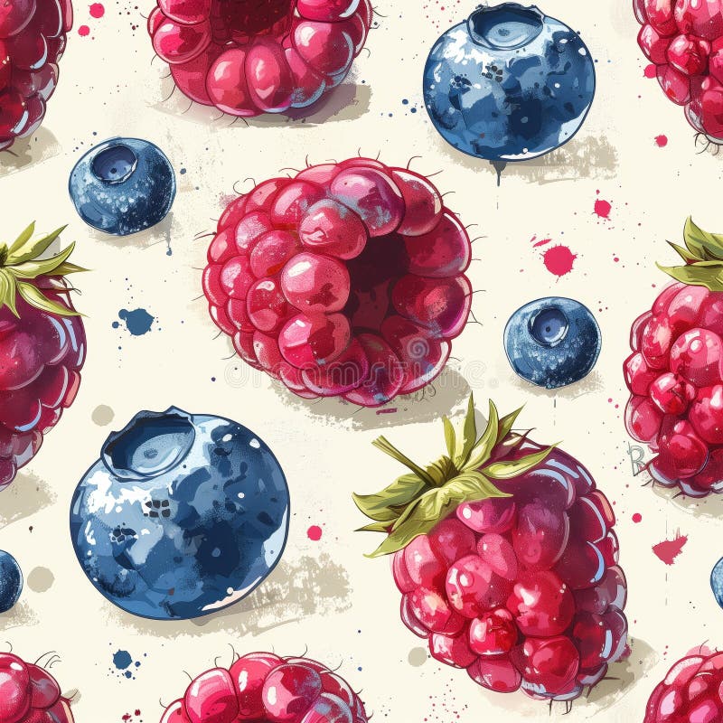 Berry Seamless Pattern. Raspberries and Blueberries on White Background ...