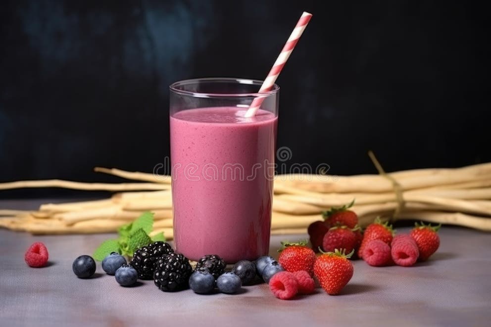 Berry Smoothie with a Bamboo Straw on a Stone Table Stock Photo - Image ...