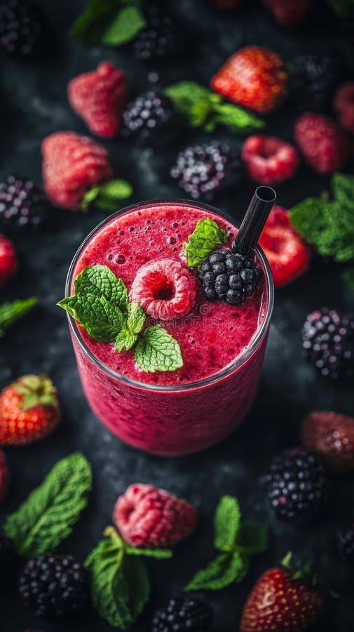 Berry Smoothie with Fresh Mint, Top View. Refreshing and Healthy Drink ...